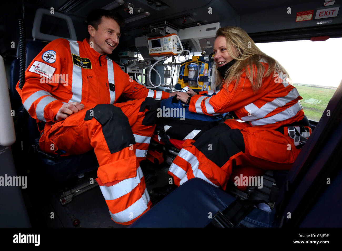 Crew members Dr Neil Berry and paramedic Jemma Varela take their seats ...
