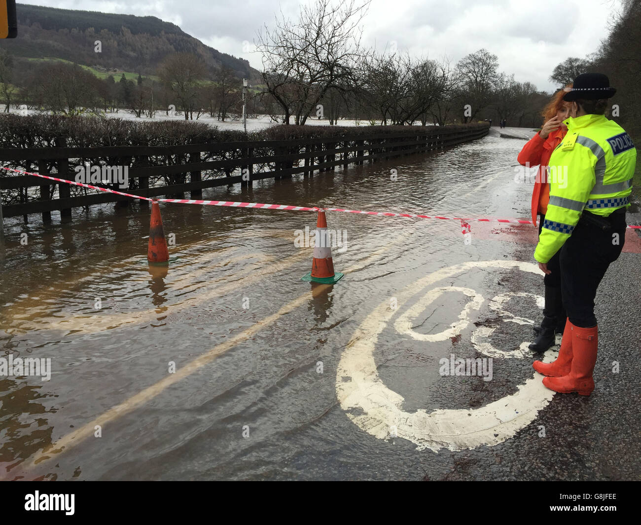 Flooding in the village of Aberfeldy, Perthshire, Scotland, as as Storm ...
