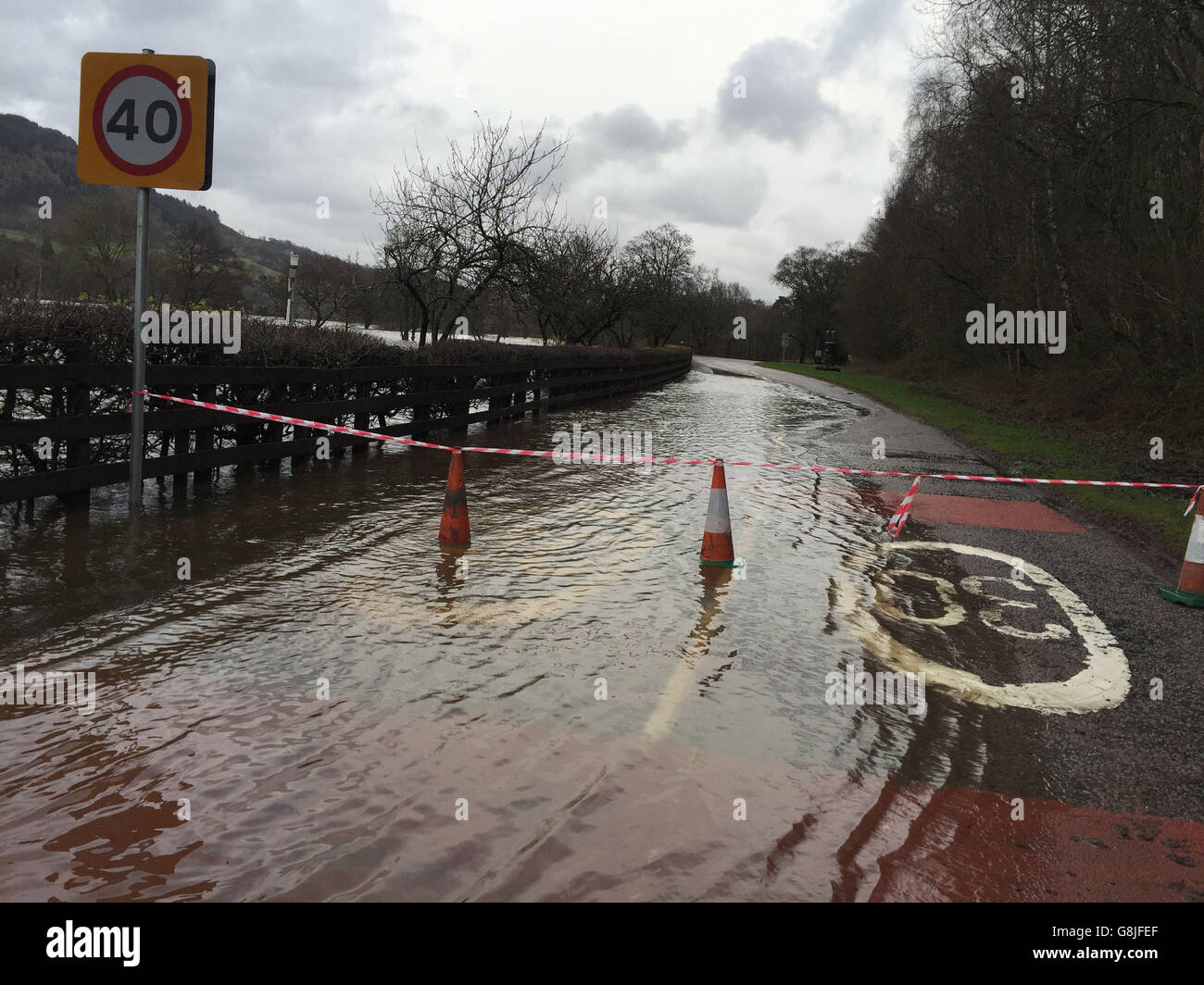 Flooding in the village of Aberfeldy, Perthshire, Scotland, as as Storm ...