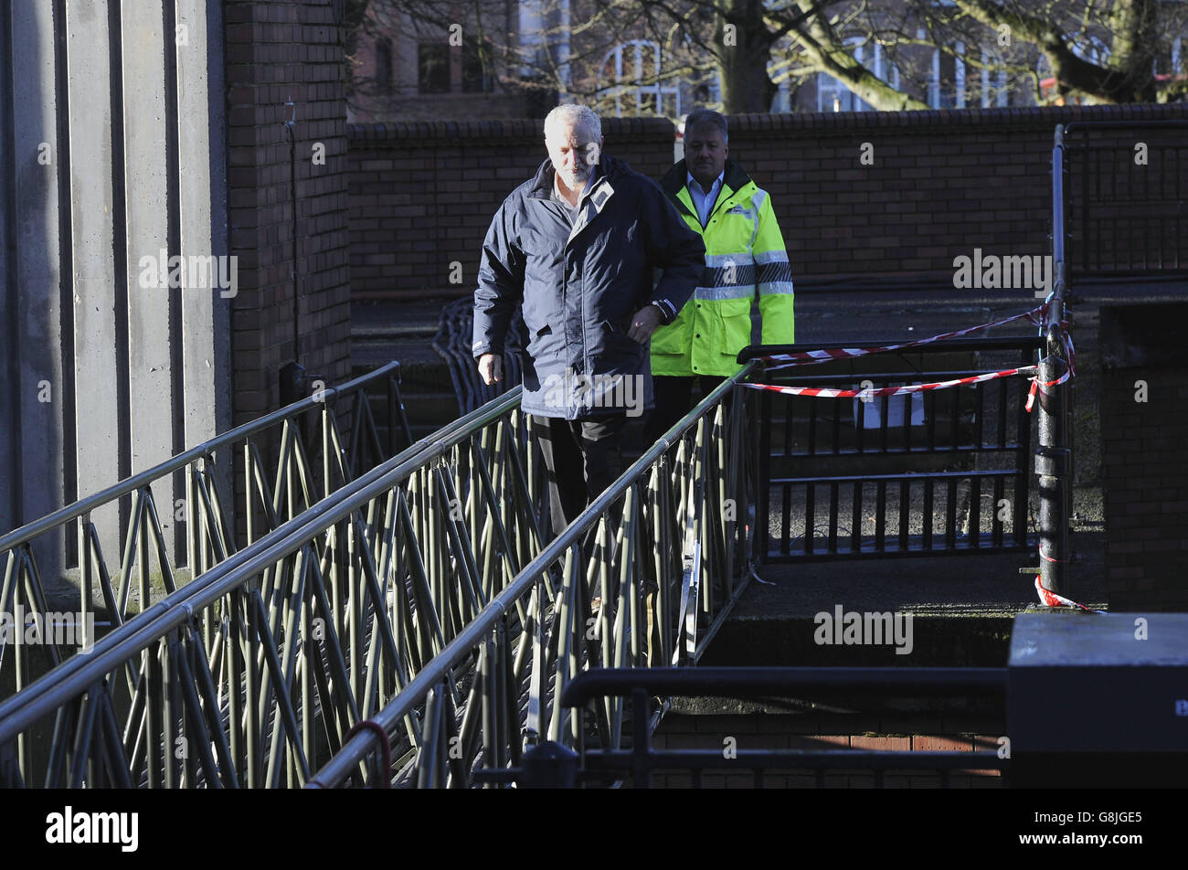 Labour leader Jeremy Corbyn walks across a foot bridge at the Foss ...