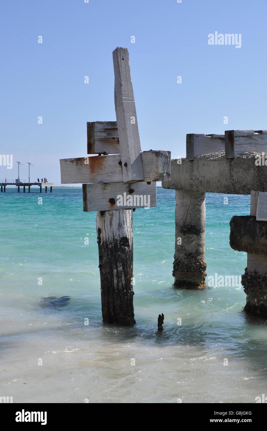 Abandoned jetty section in the Indian Ocean waters at Jurien Bay on the ...