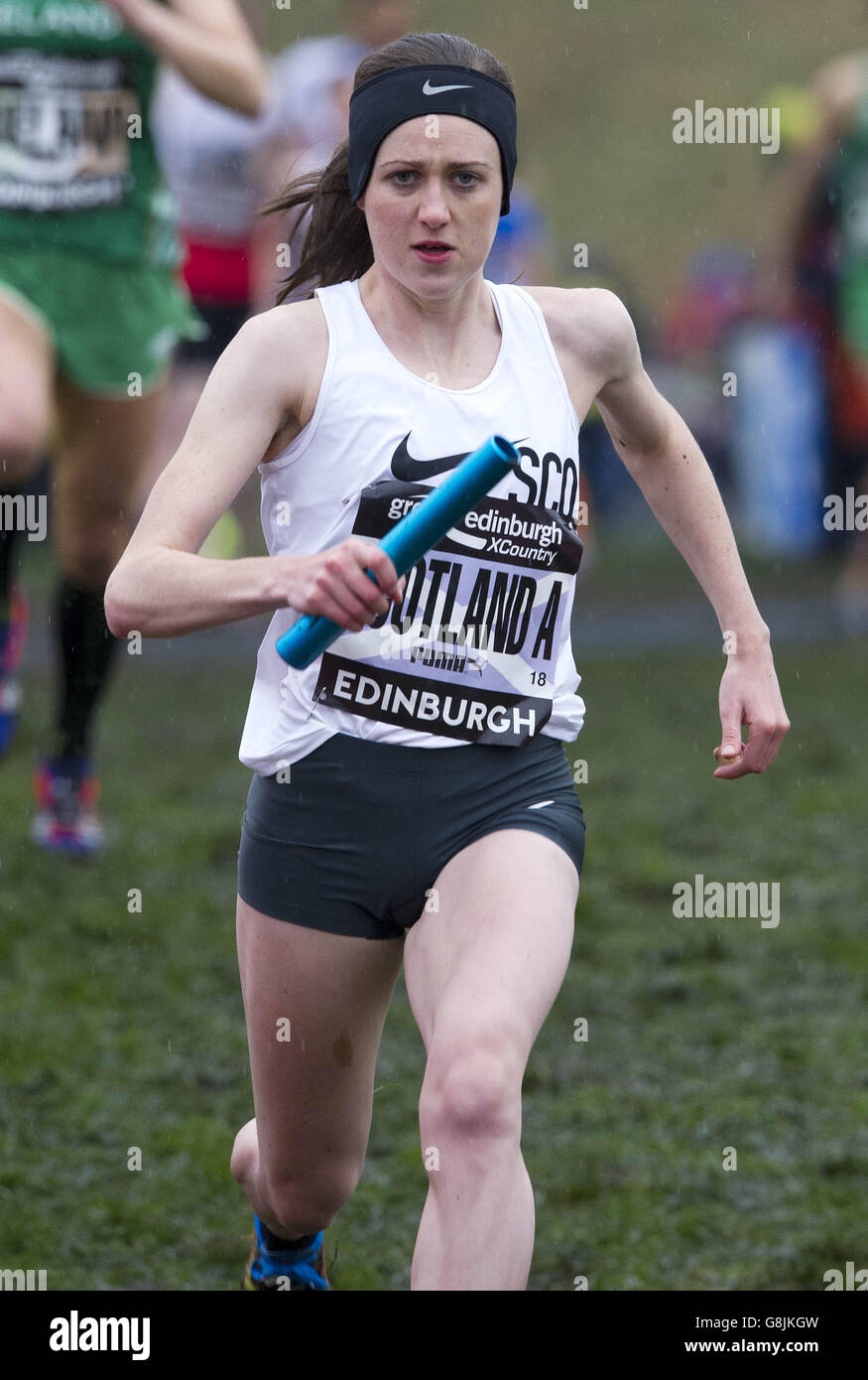 Scotland's Laura Muir runs the anchor leg in the Stewart Cup relay race ...