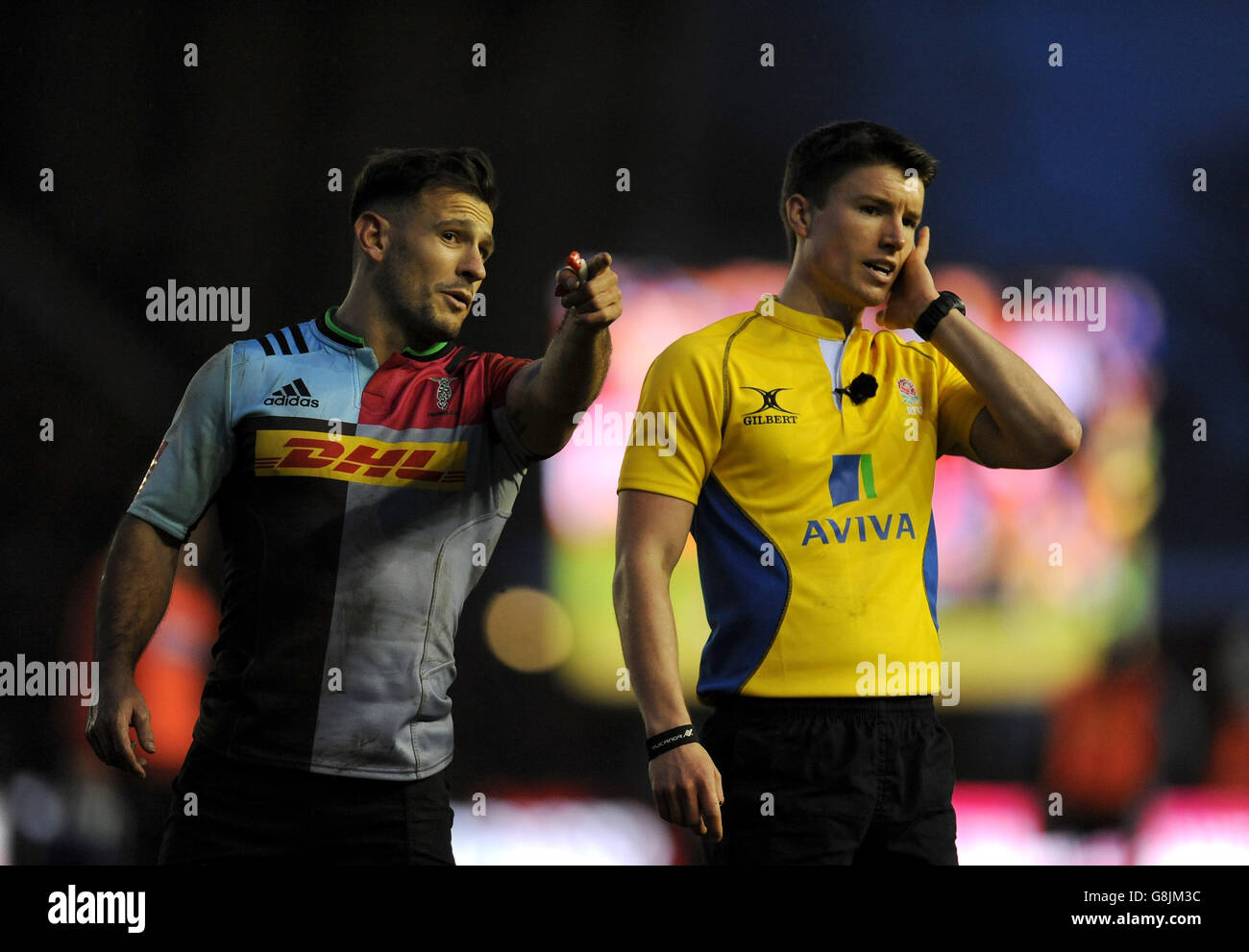 Harlequins' captain Danny Care makes a point to Referee Craig Maxwell ...