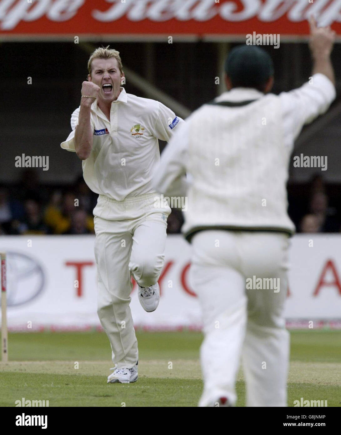 Australia's Brett Lee celebrates taking the wicket England's Marcus ...