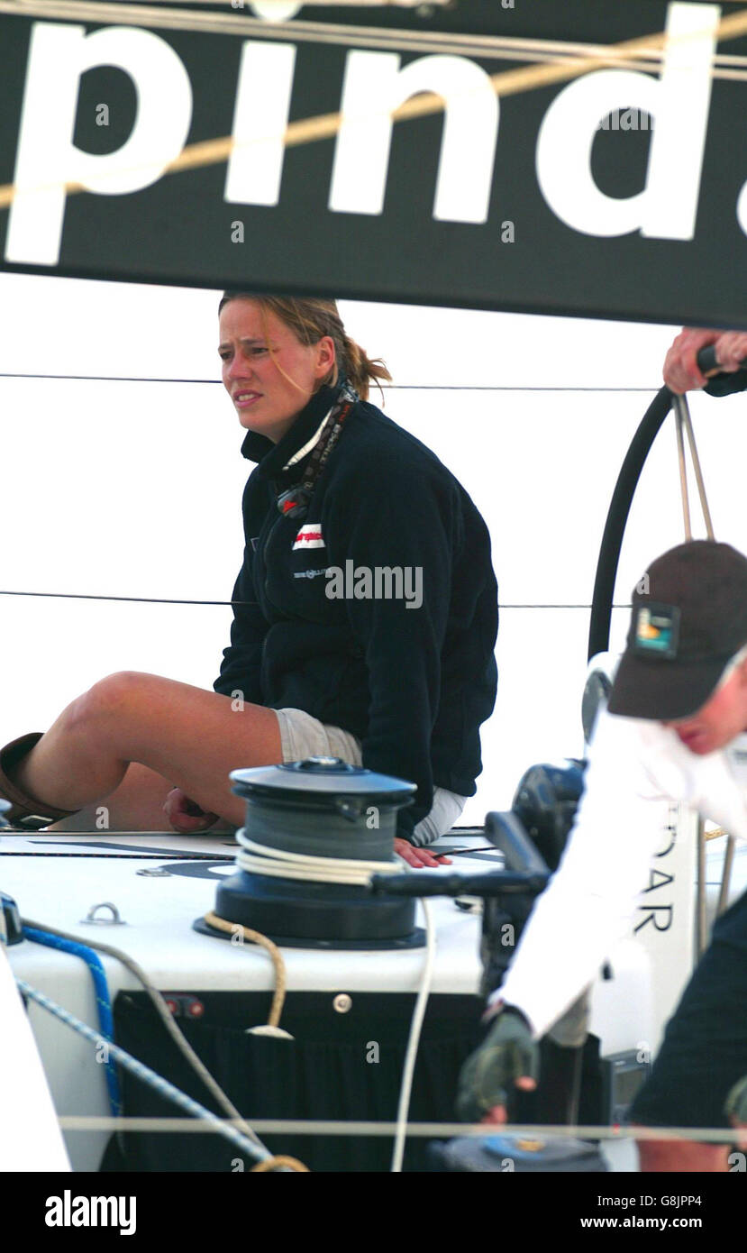 Fastnet race. Emma Richards aboard her Open 60 yacht Pindar after the ...