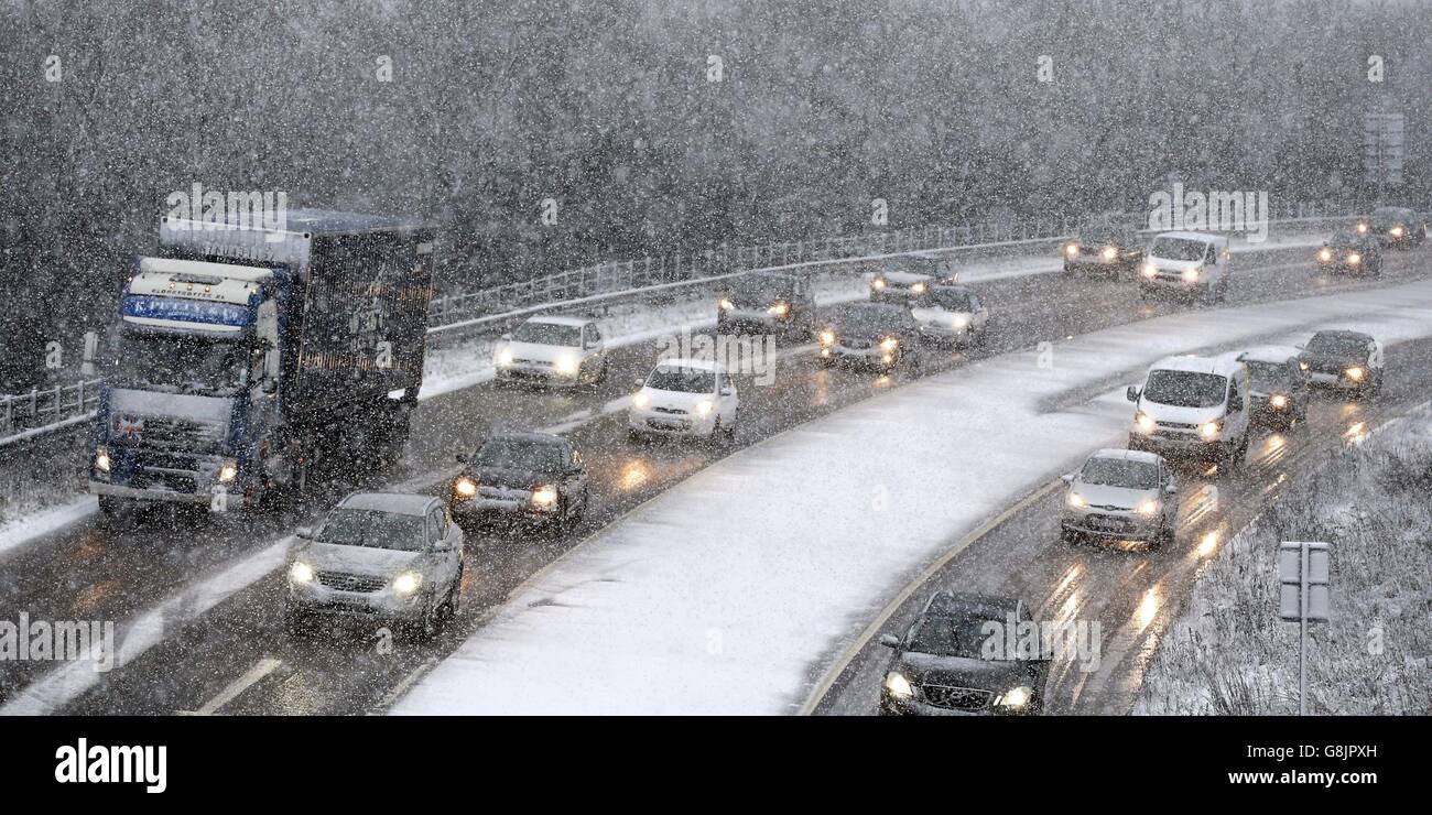Cars make way through snow on a1 northbound in gateshead hi-res stock ...