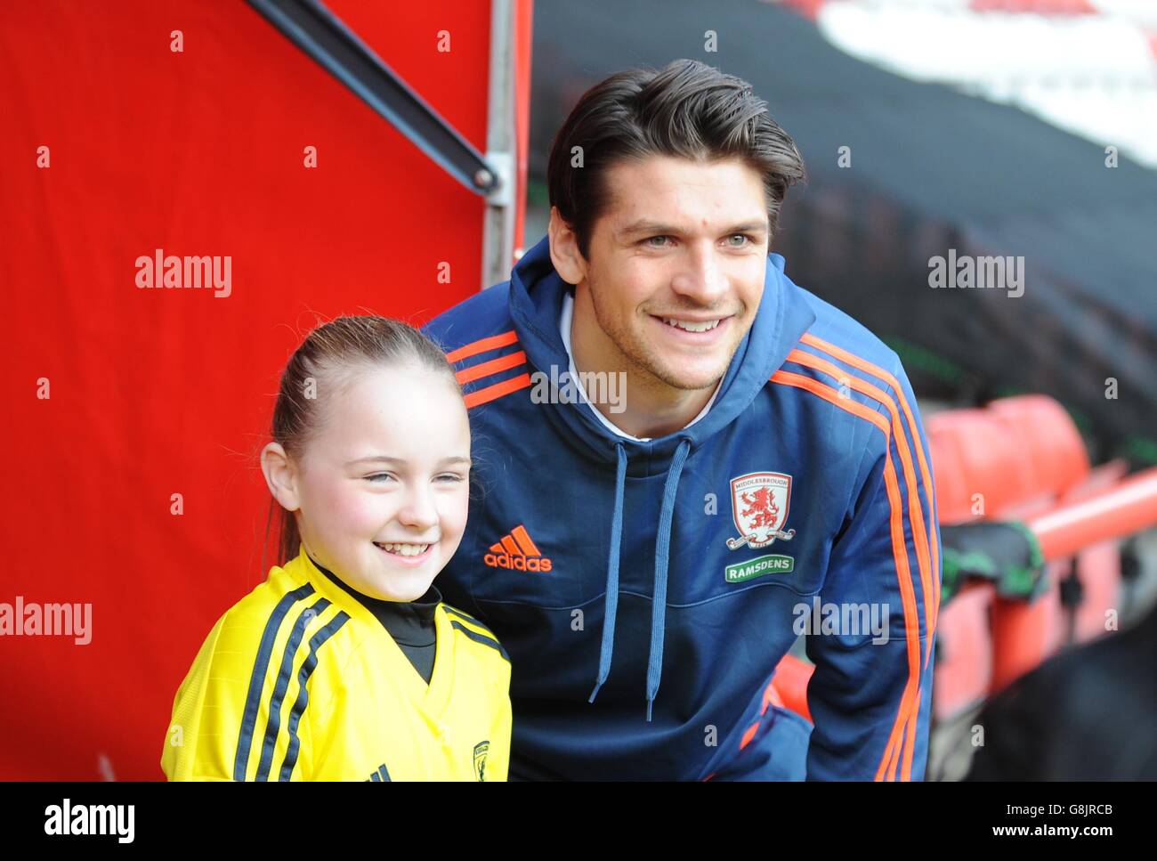 A young fan poses with Middlesbrough's George Friend before the Sky Bet ...