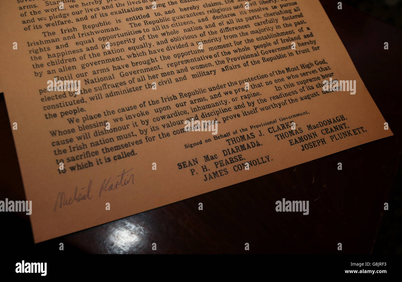 Fianna Fail leader Micheal Martin's signature on a replica of the 1916 ...