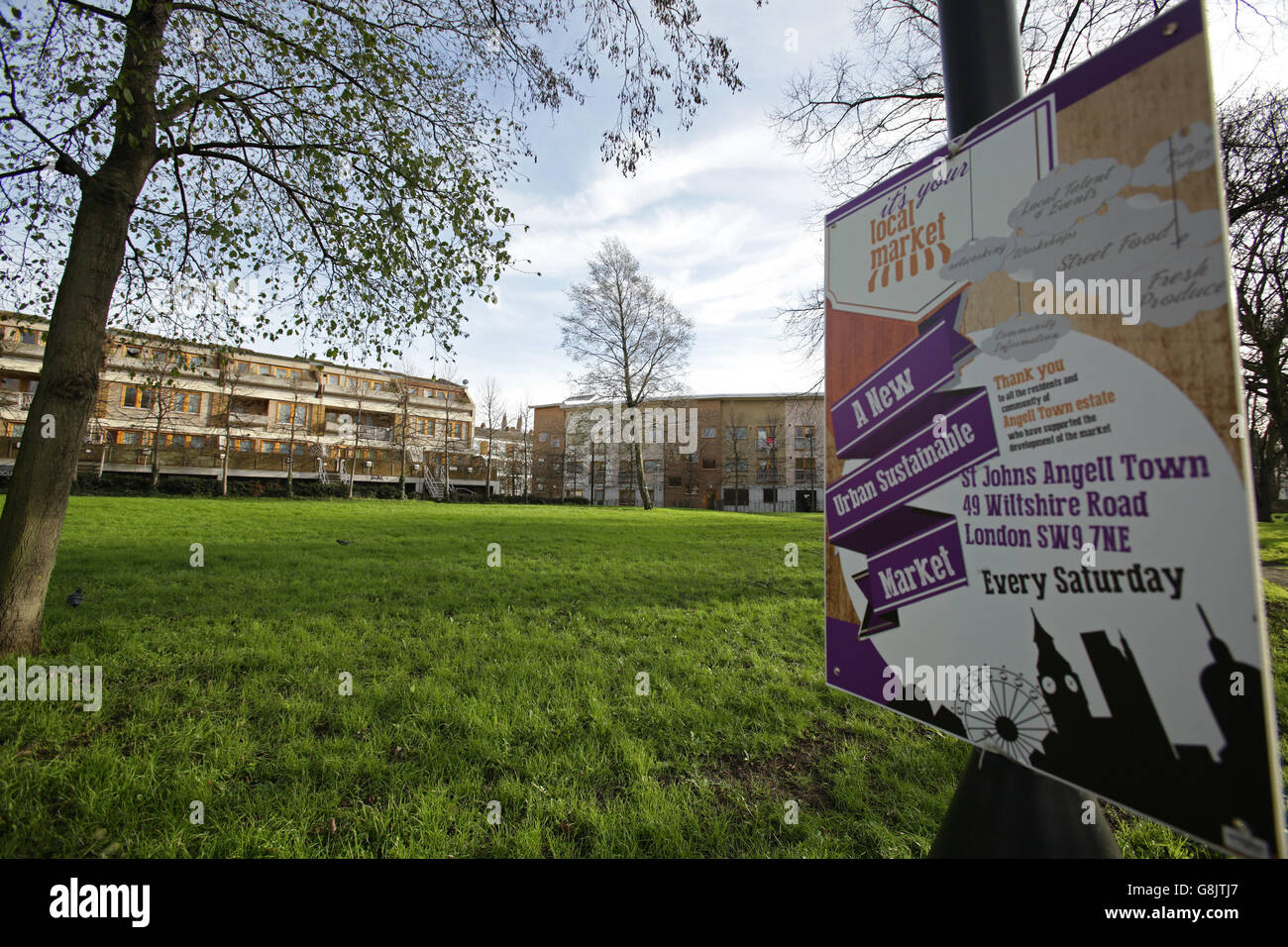 Sink Estate Stock - Brixton. An sign promoting a local market in Angell ...