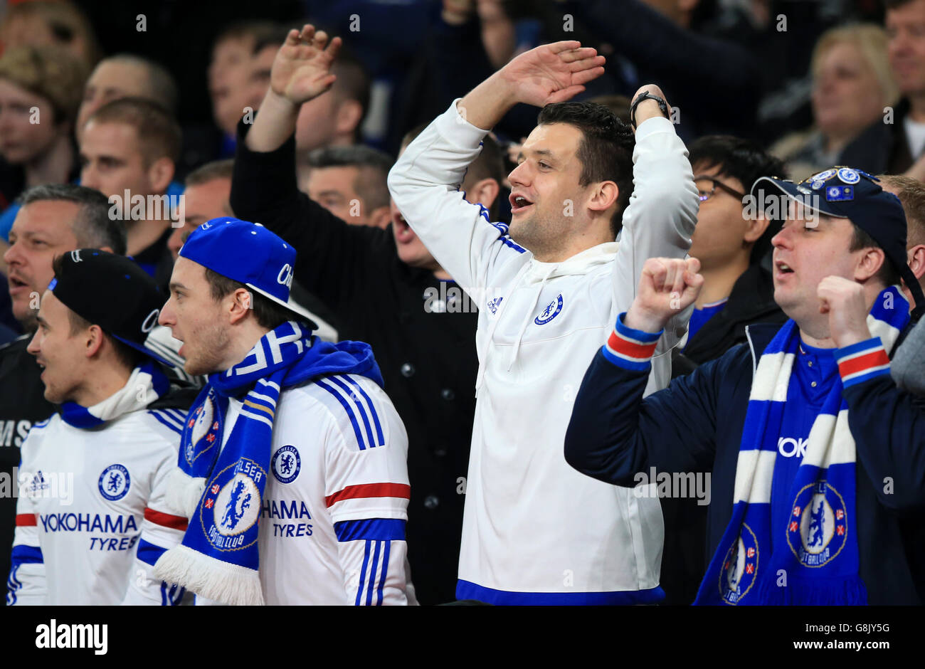 Chelsea fans celebrating in the stands hi-res stock photography and ...