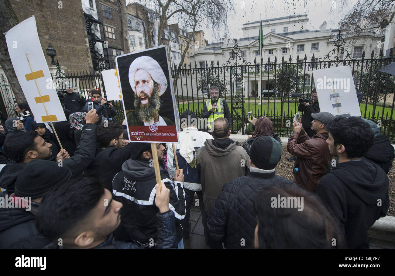 Demonstrators protest outside the Saudi Embassy in London, following ...