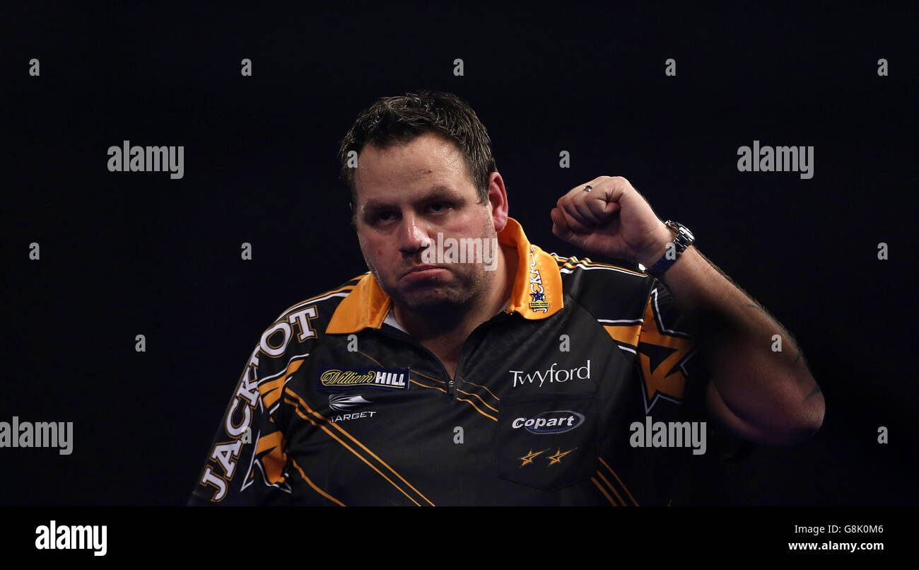 Adrian Lewis celebrates winning his semi final match during day ...