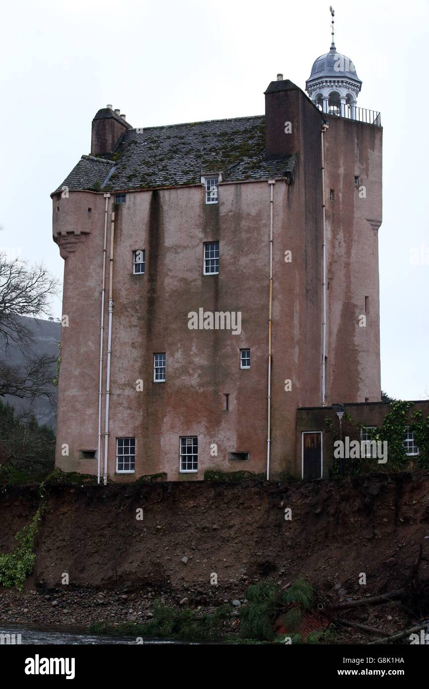 Abergeldie Castle on the River Dee after storms last week came close to ...