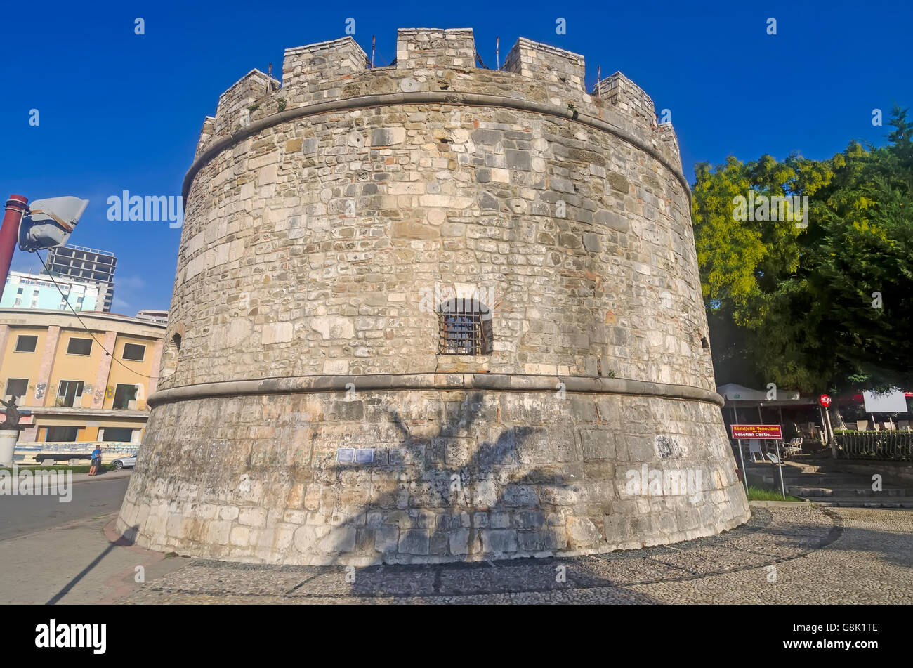 Circular tower of Durres Castle with palm tree shadow, 5th century ...