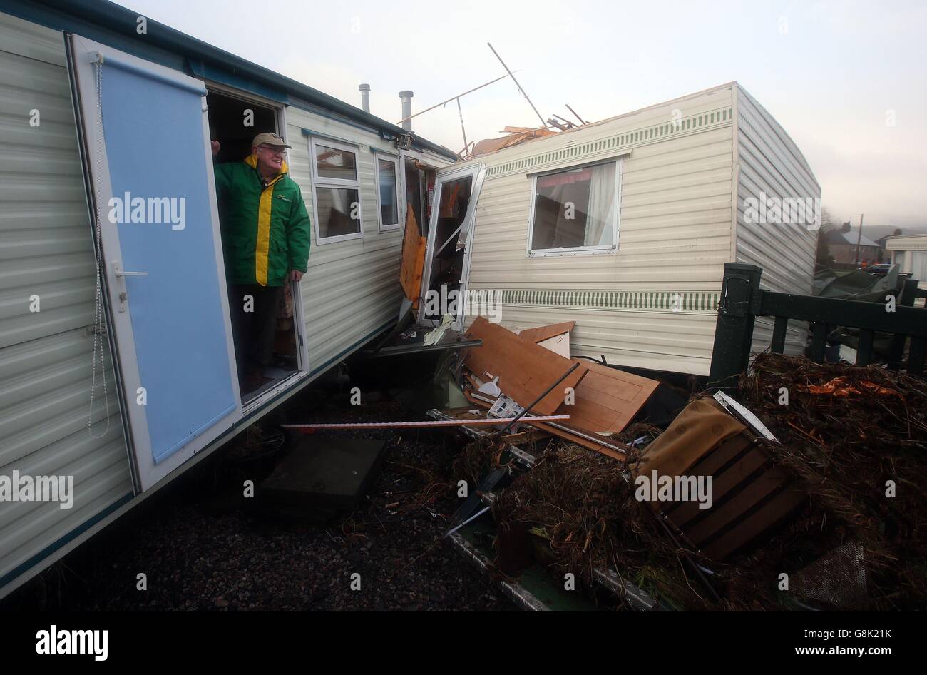 A man views the damage to his caravan at Ballater Caravan Park after it ...