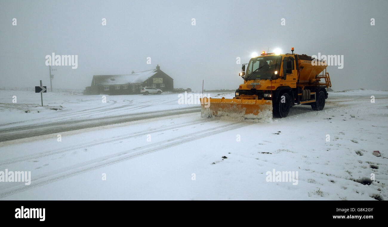 A snow plough clears the A686 at Hartside on the Cumbria border Stock ...