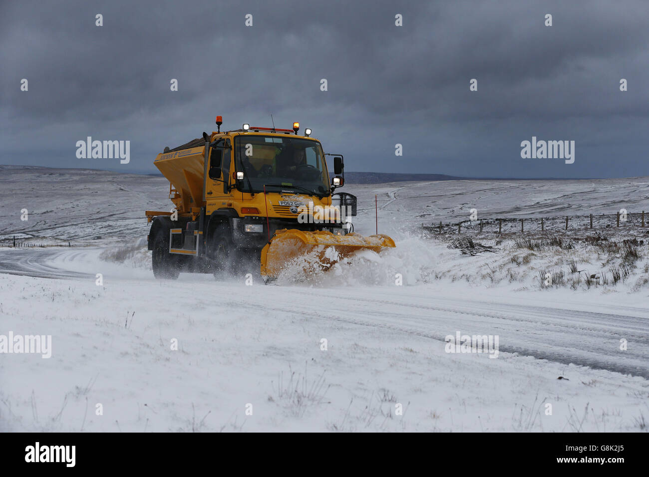 A plough clearing snow in Northumberland on the road between Allendale ...
