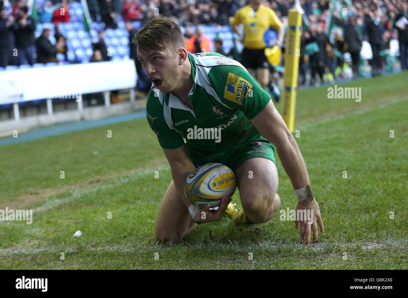 London Irish's Alex Lewington celebrates scoring his side's first try ...