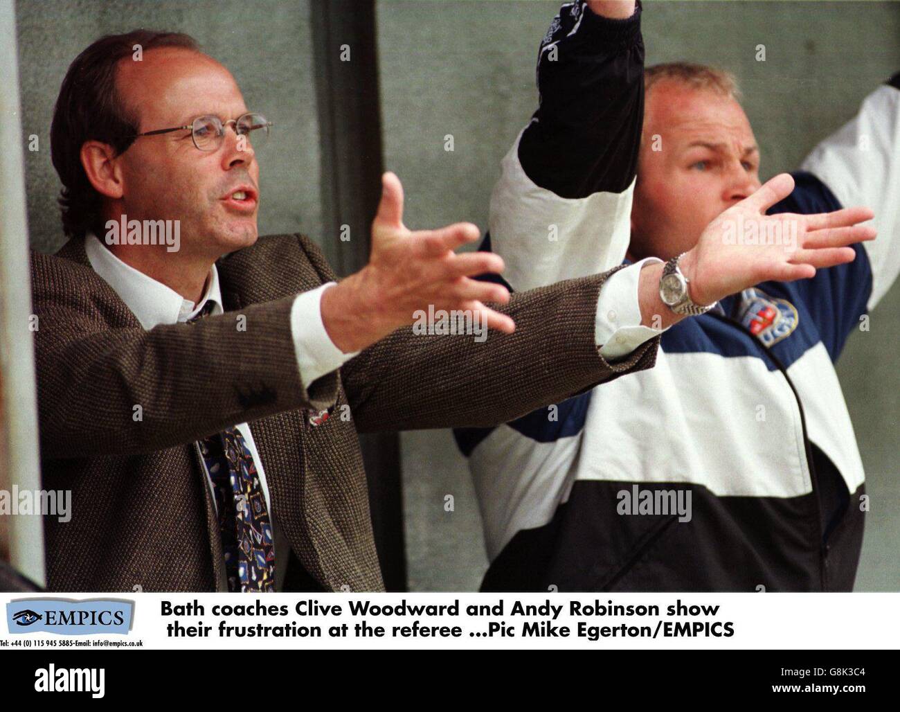 Bath coaches Clive Woodward (left) and Andy Robinson (right) show their ...