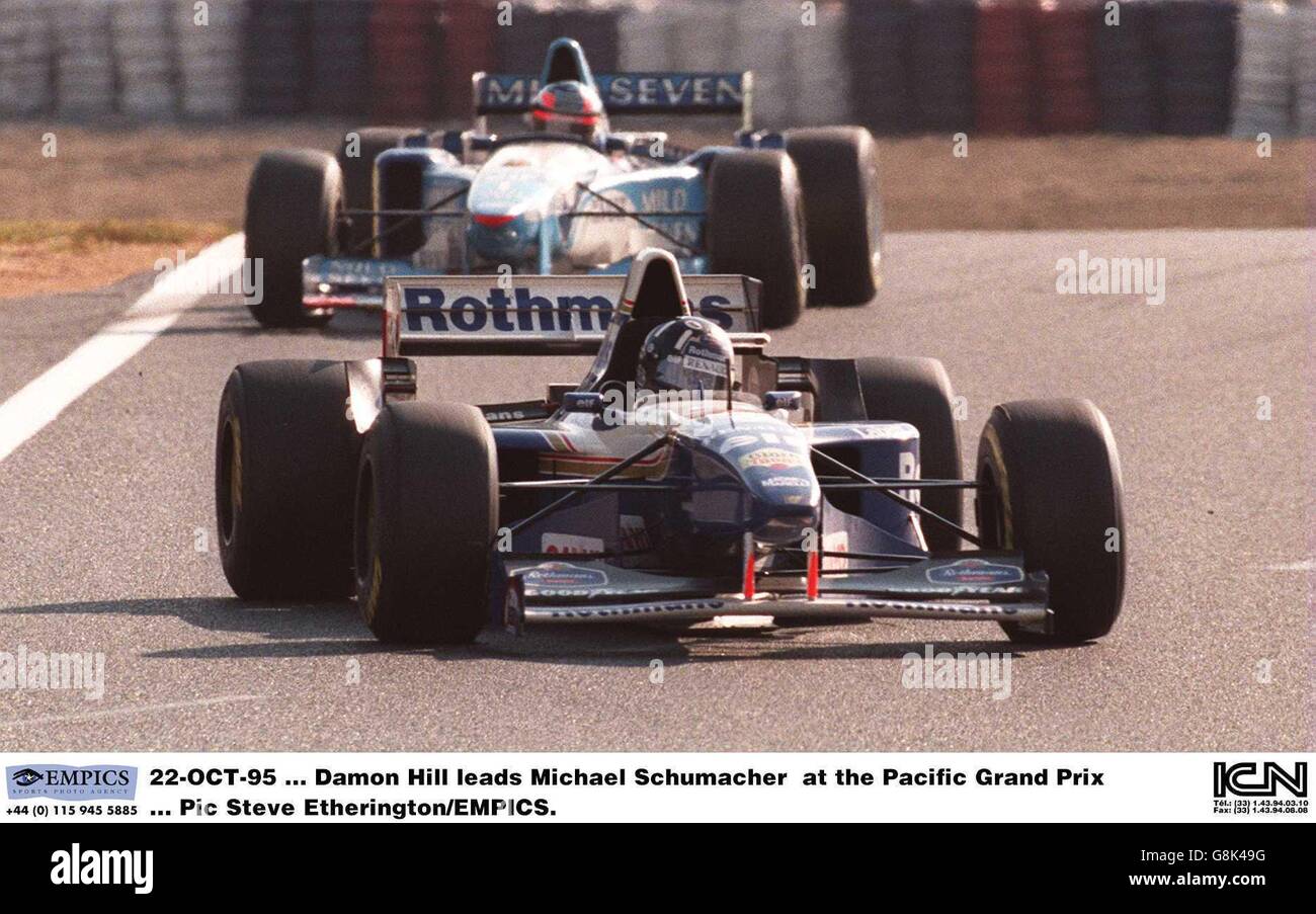 22-OCT-95, Damon Hill leads Michael Schumacher at the Pacific Grand ...