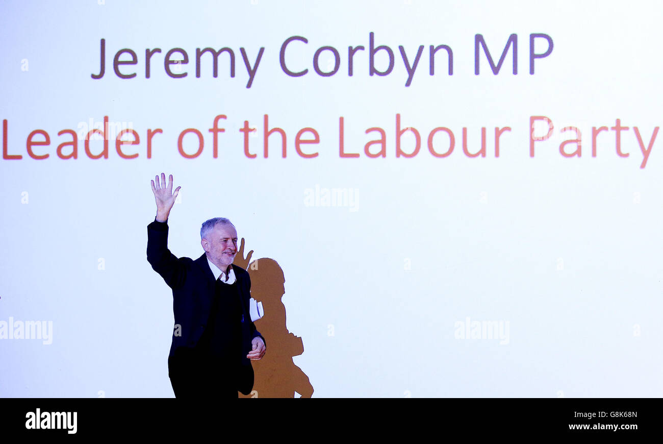 Labour leader Jeremy Corbyn walks from the stages following his speech ...