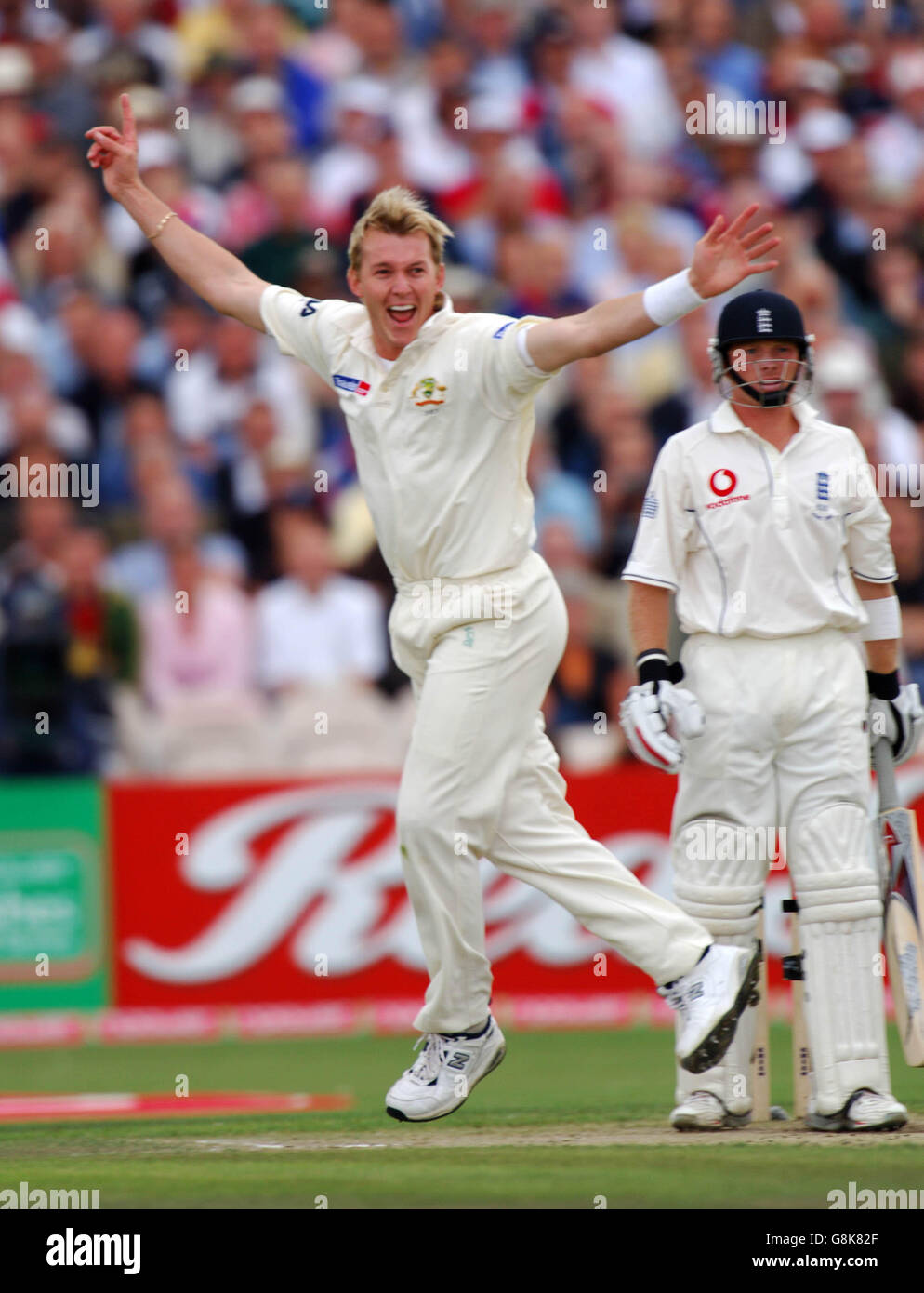 Australias brett lee celebrates taking wicket englands ian bell hi-res ...