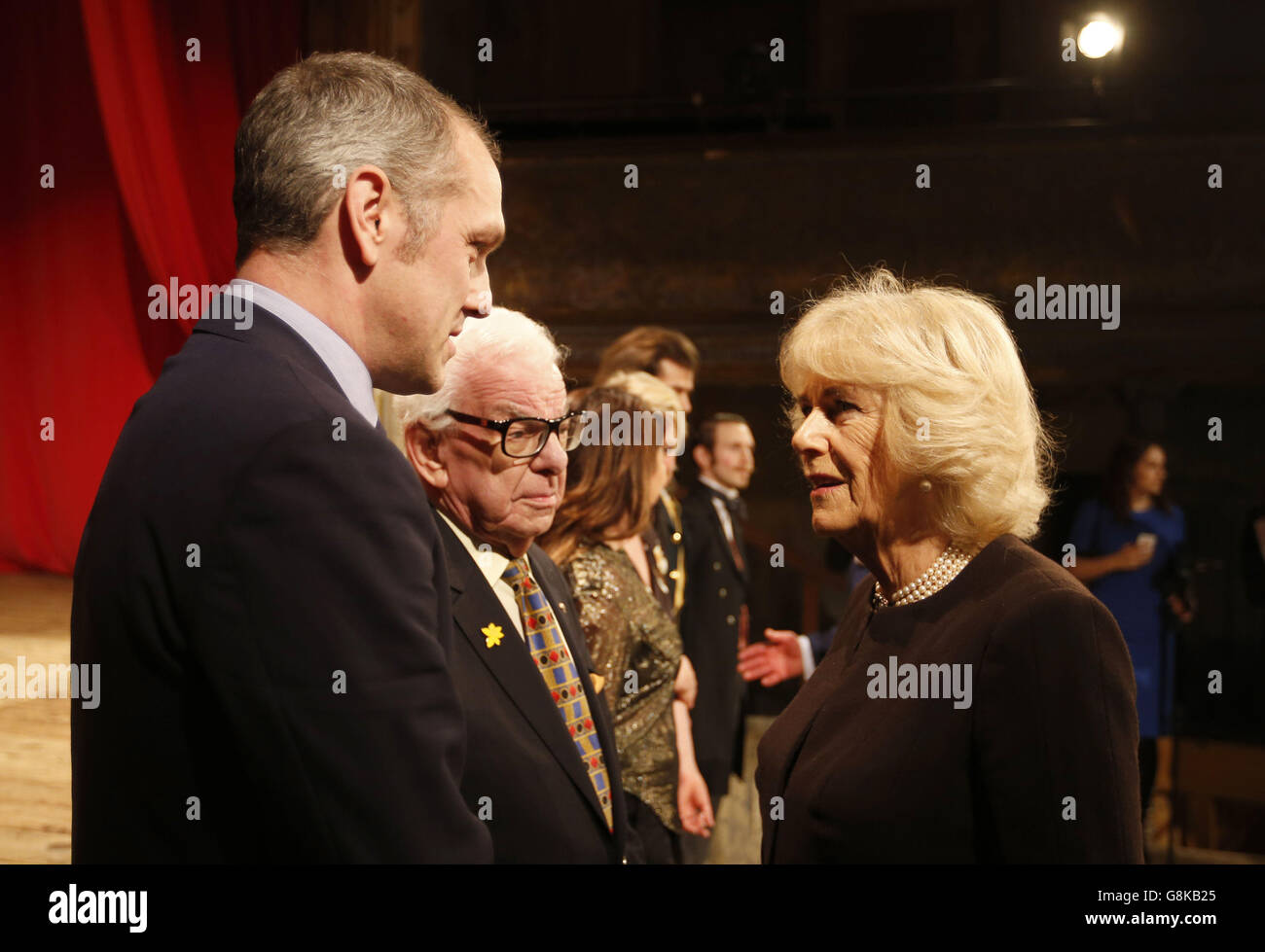 The Duchess of Cornwall meets Bob (left) and Barry Cryer during a visit ...
