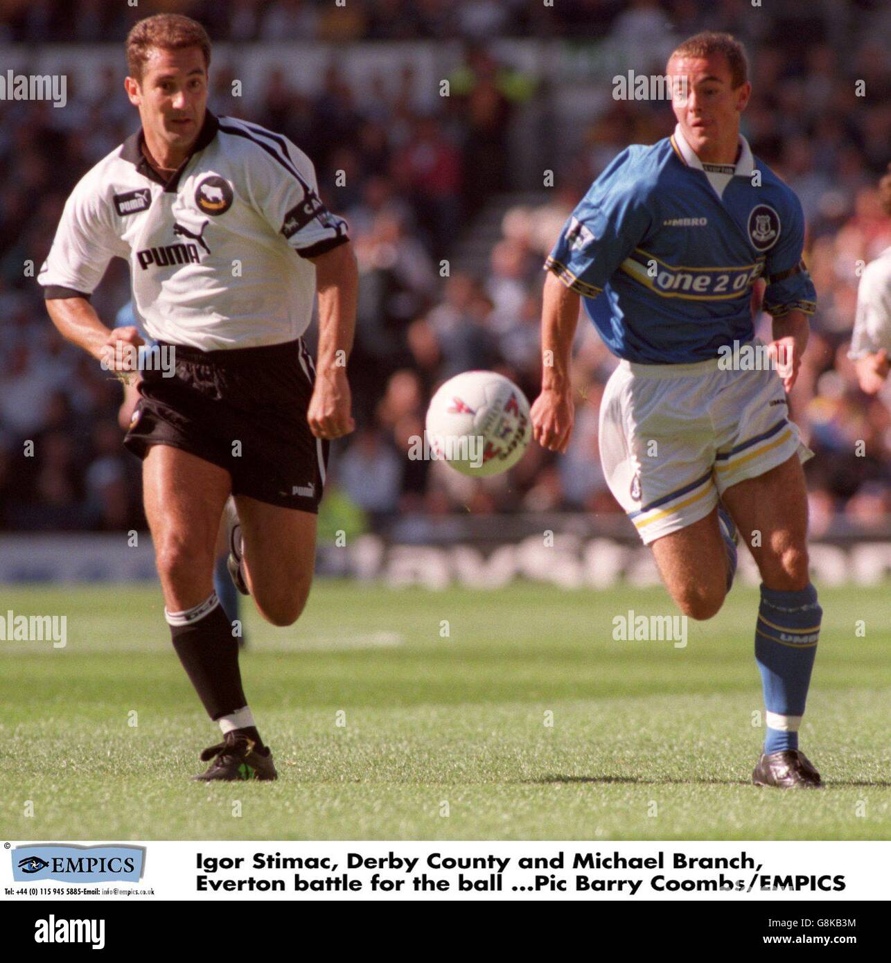 Igor Stimac (left), Derby County, and Michael Branch (right), Everton ...