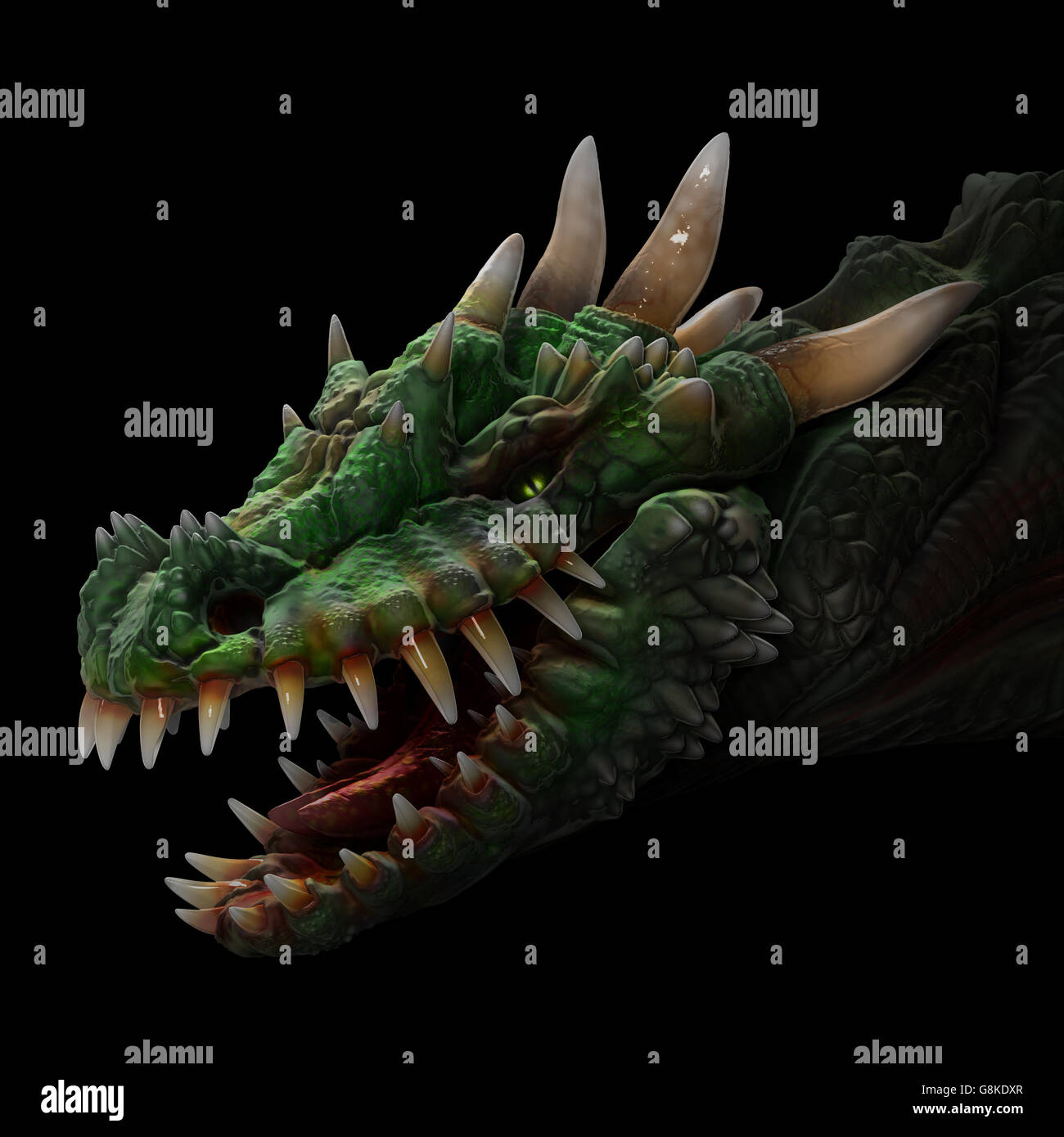 Green horned dragon portrait with large teeth, mouth open, on black ...