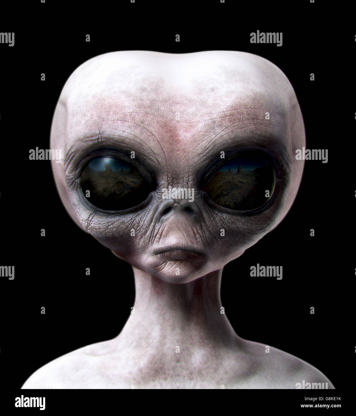 Grey alien portrait front view isolated on black Stock Photo - Alamy