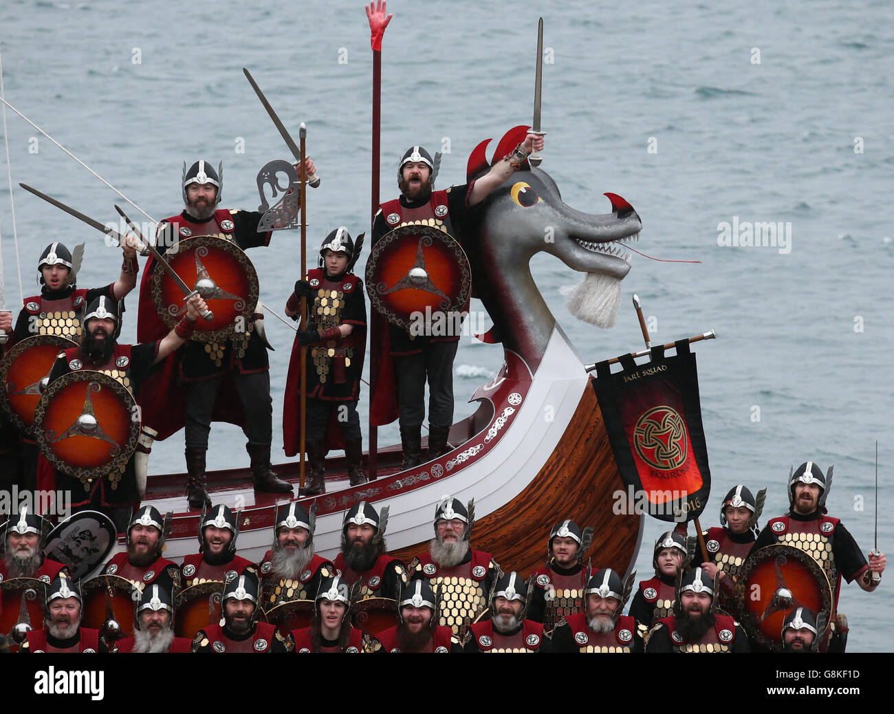 Guizer Jarl Mark Evans on the galley after marching through the streets ...
