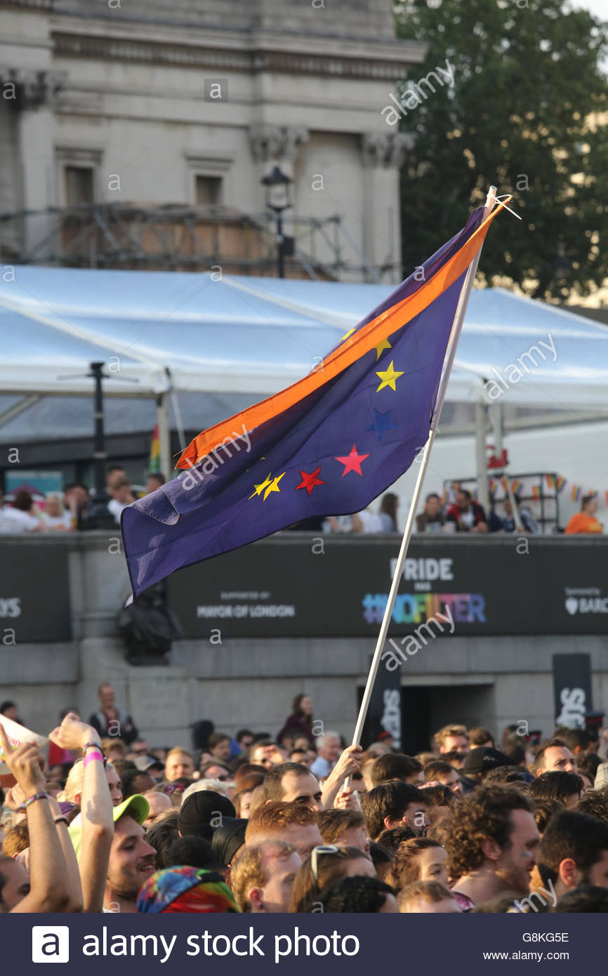 EU flag held aloft at Trafalgar Square, London during the pride ...