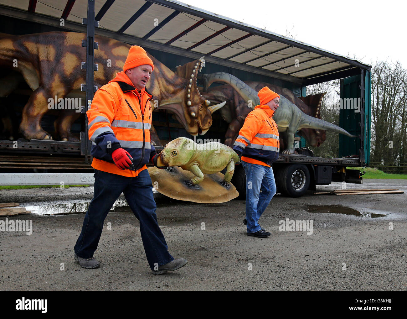 A lorry of dinosaurs is unloaded at Port Lympne Wild Animal Park near ...