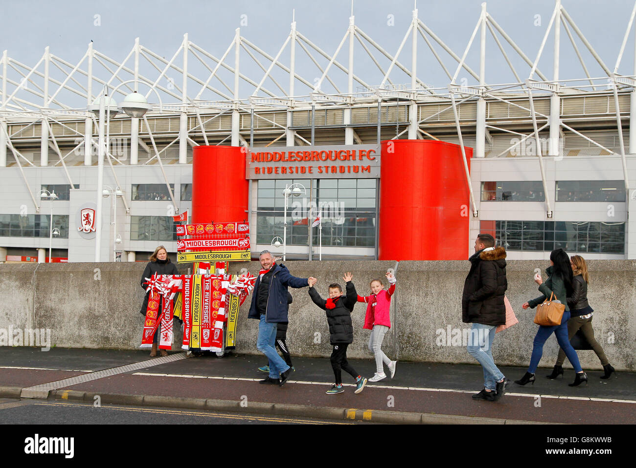 Family of fans walking towards the Riverside Stadium before the Sky Bet ...