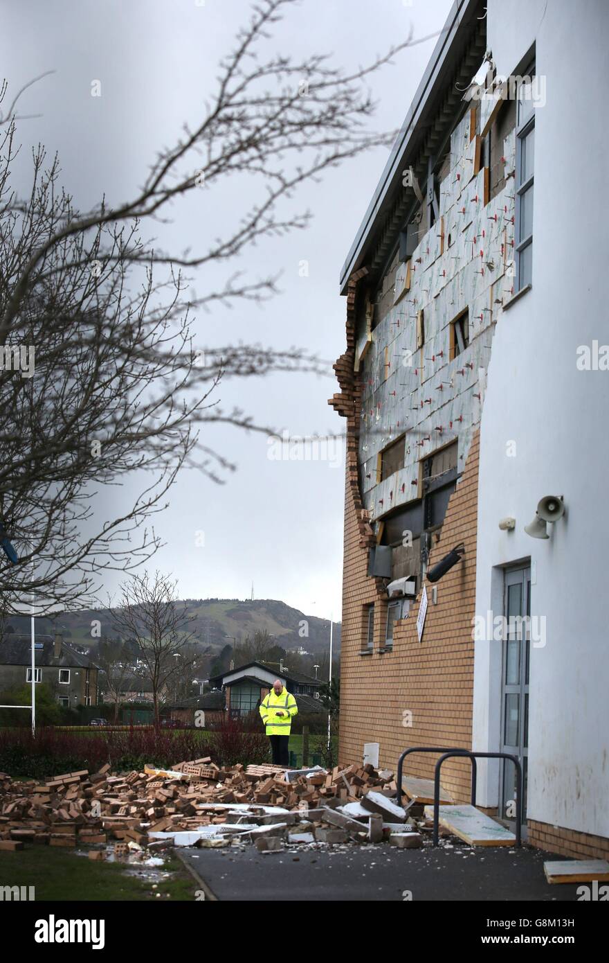 A collapsed wall at Oxgangs Primary School in Edinburgh, as Storm ...