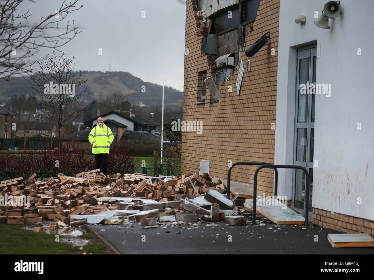 A collapsed wall at Oxgangs Primary School in Edinburgh, as Storm ...