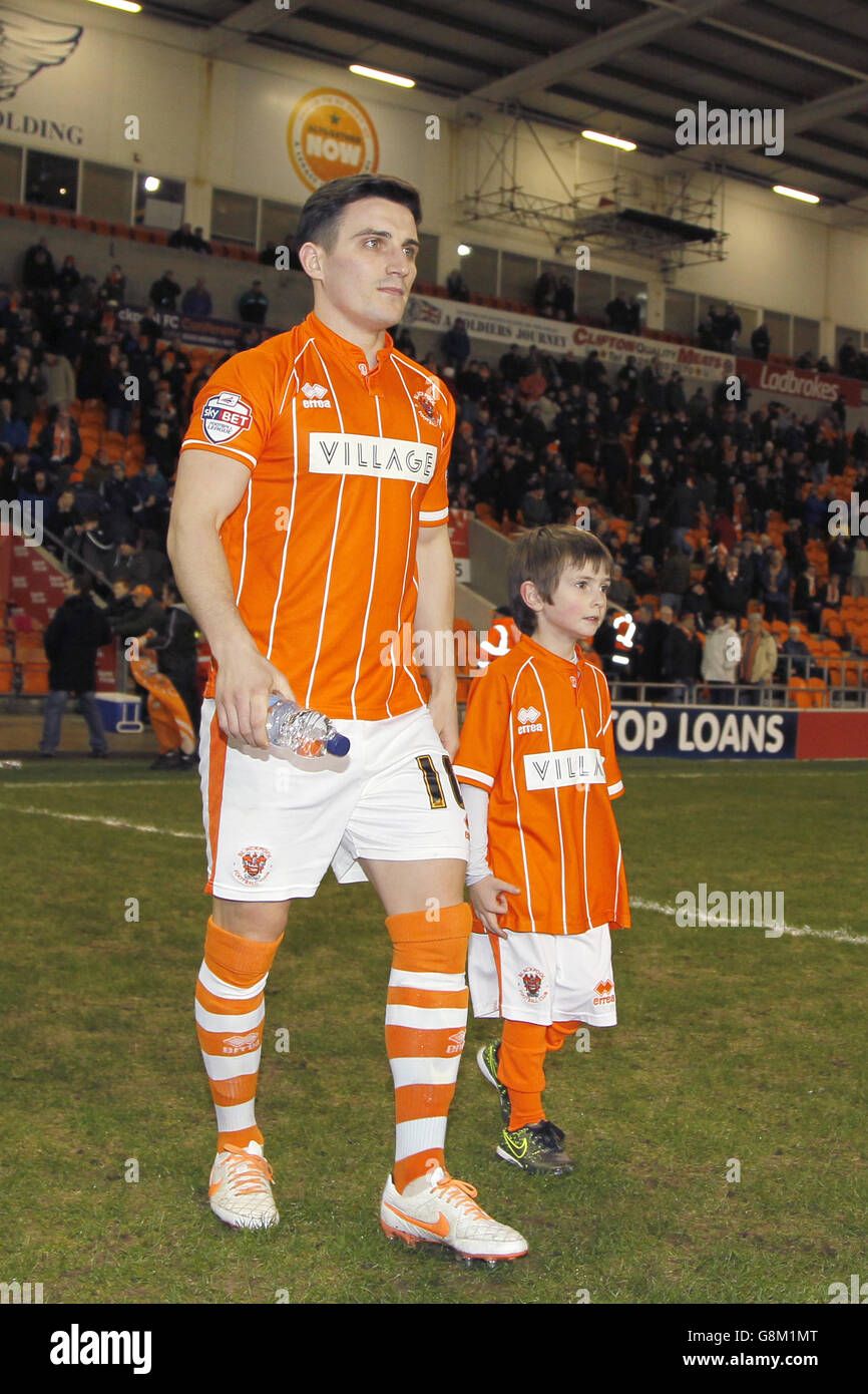 Blackpools jack redshaw walks onto pitch with a mascot hi-res stock ...