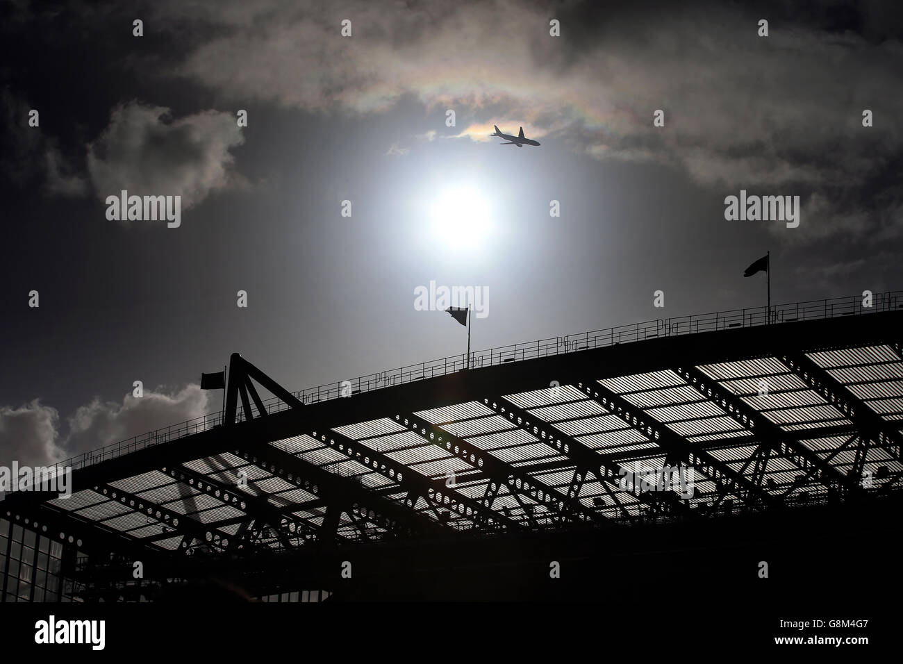A plane flies over the stadium before the Barclays Premier League match ...