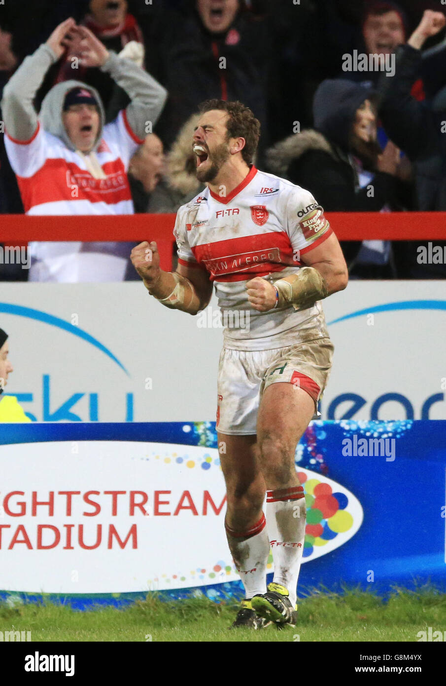Hull KR's Josh Mantellato celebrates after converting his own try with ...