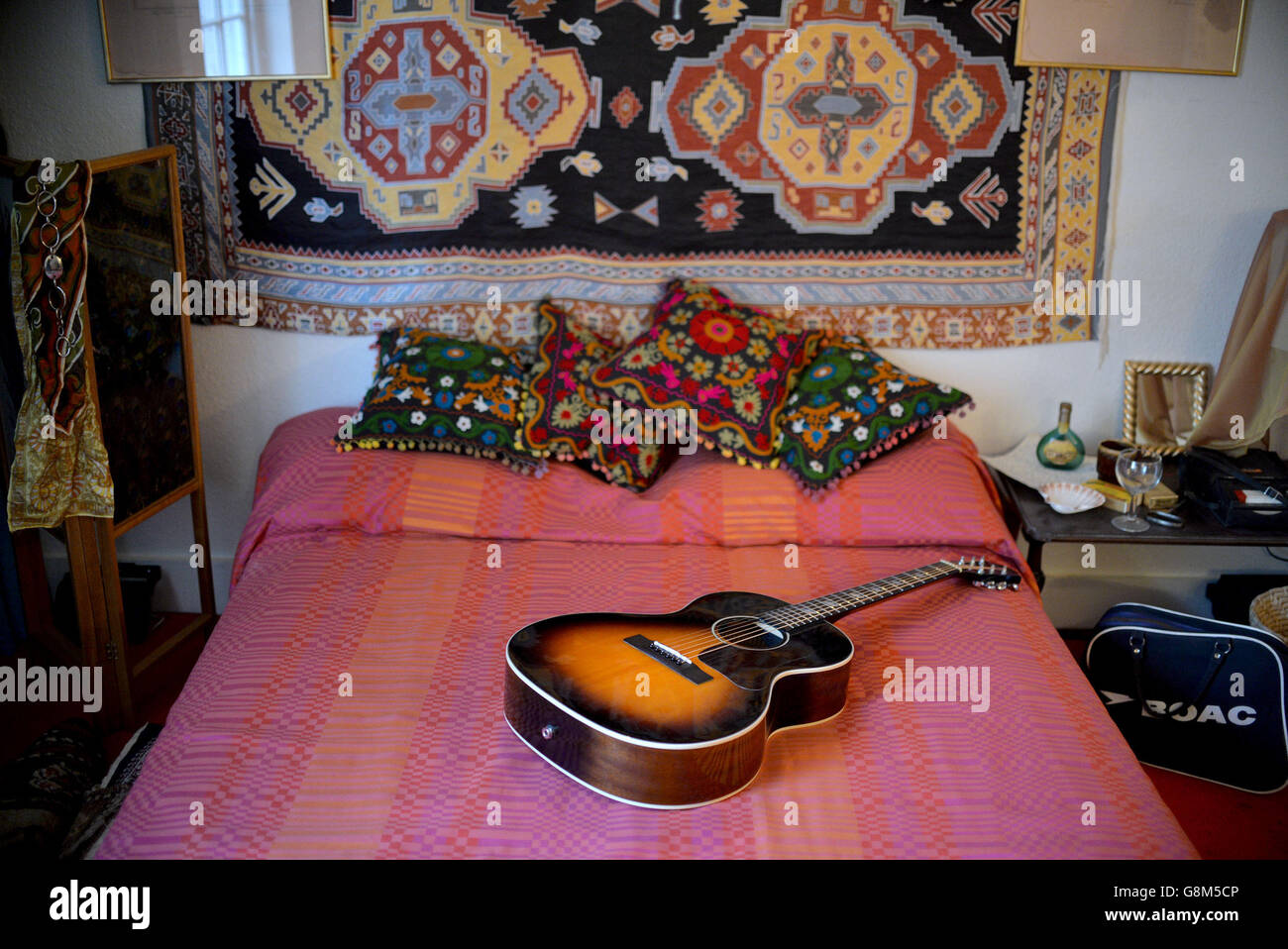 A guitar on display in Jimi Hendrix's bedroom during the press preview ...