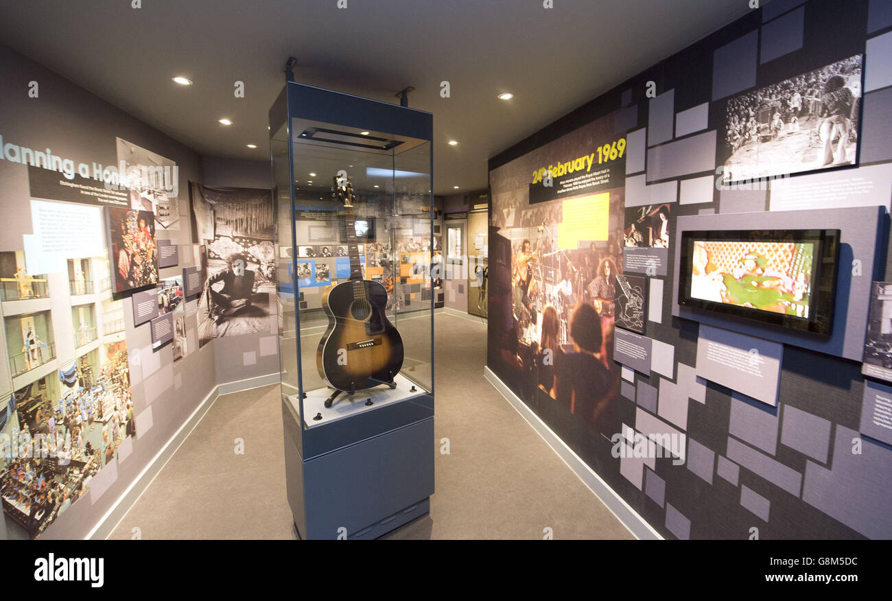An acoustic guitar on display in the Jimi Hendrix museum during the ...