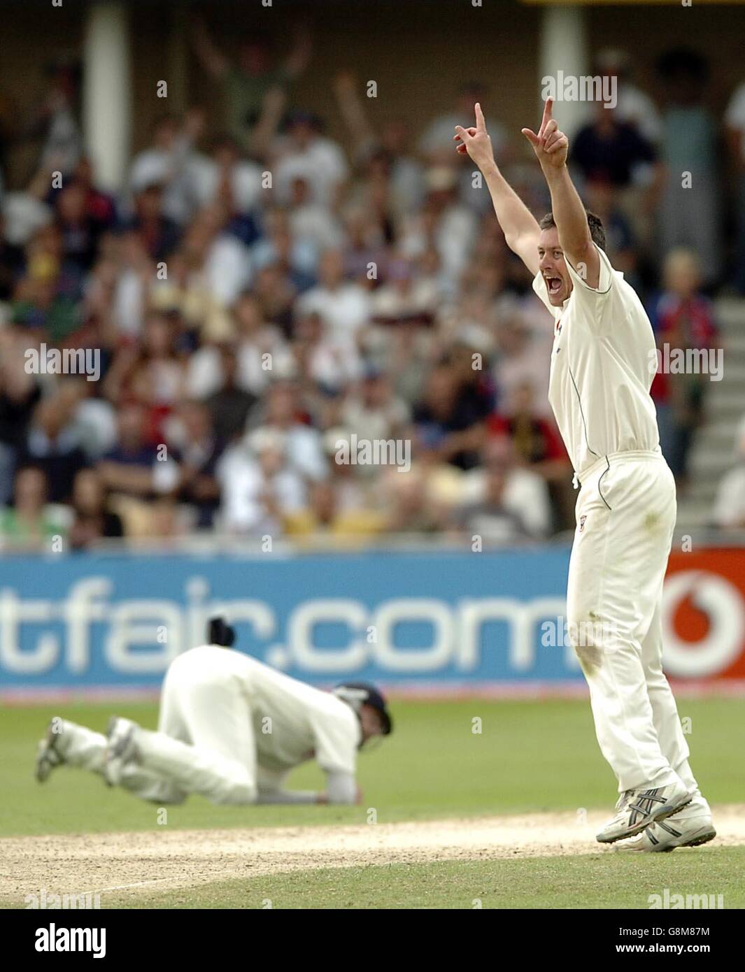 Englands Ashley Giles celebrates claiming the wicket of Australia's ...