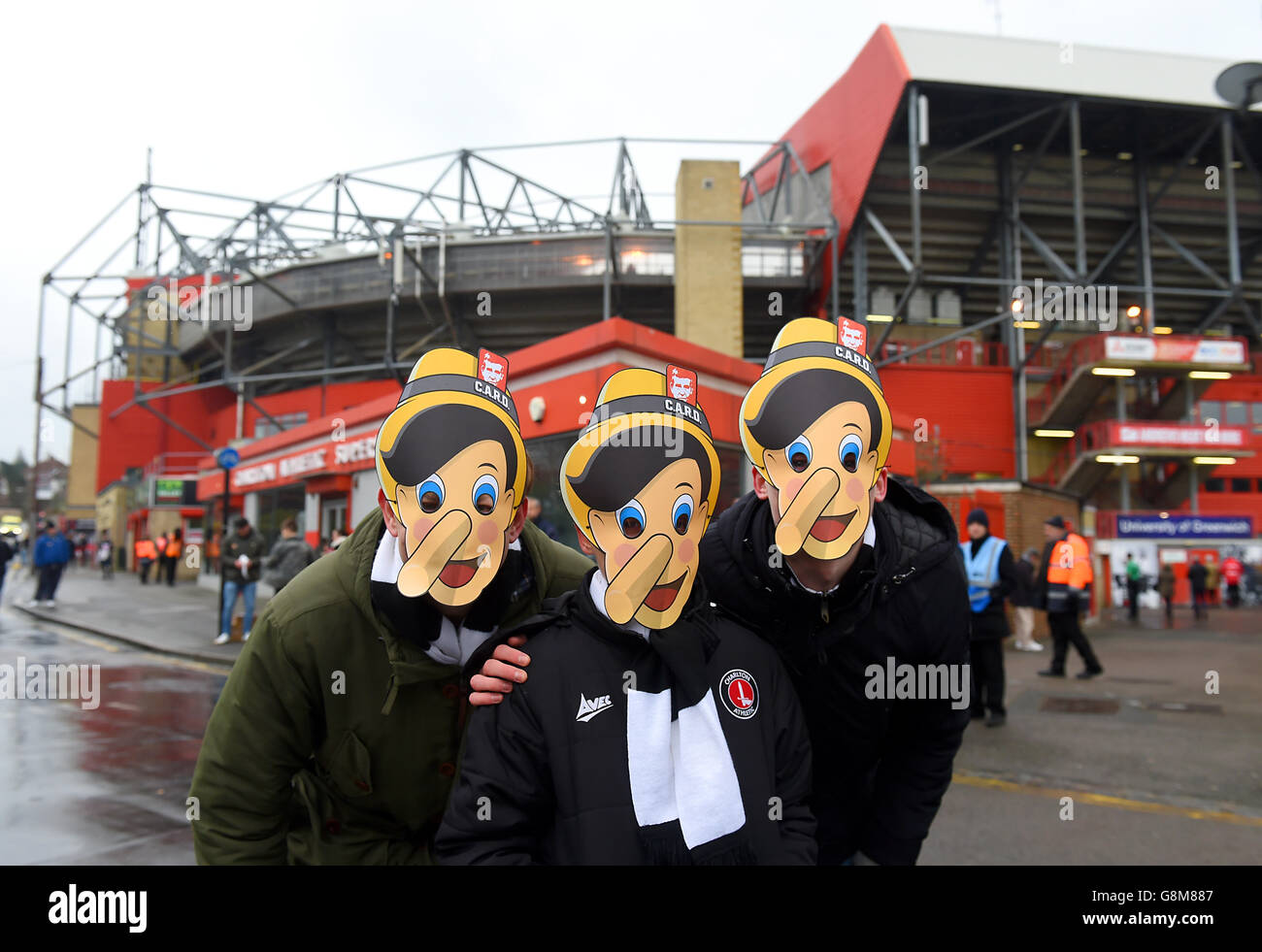Charlton Athletic fans wearing Pinocchio masks arriving at The Valley ...