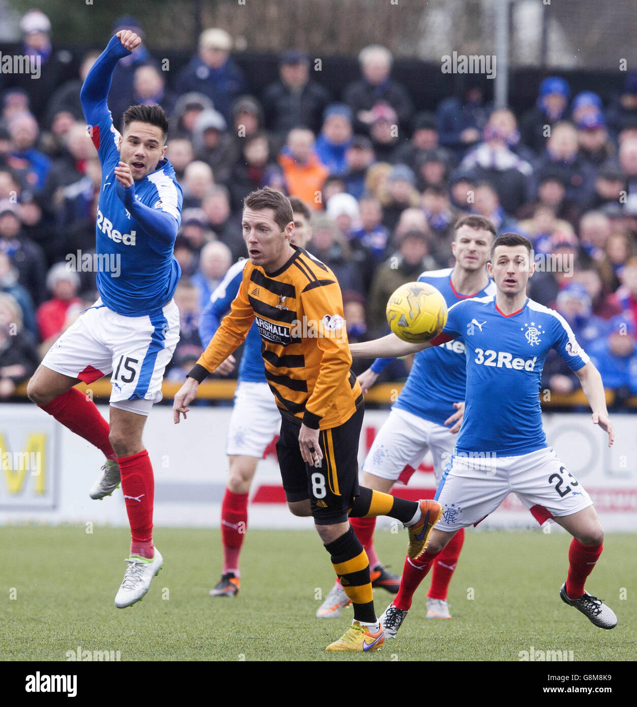 Rangers' Harry Forrester (left) and Alloa's Burton O'Brien (centre ...