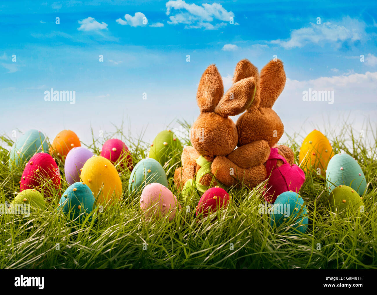 Two easter rabbits sitting on grass Stock Photo - Alamy