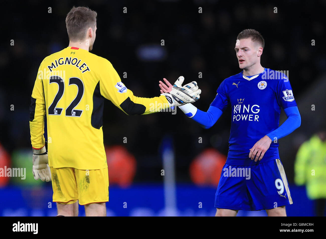 Leicester City's Jamie Vardy (right) shakes Liverpool goalkeeper Simon ...