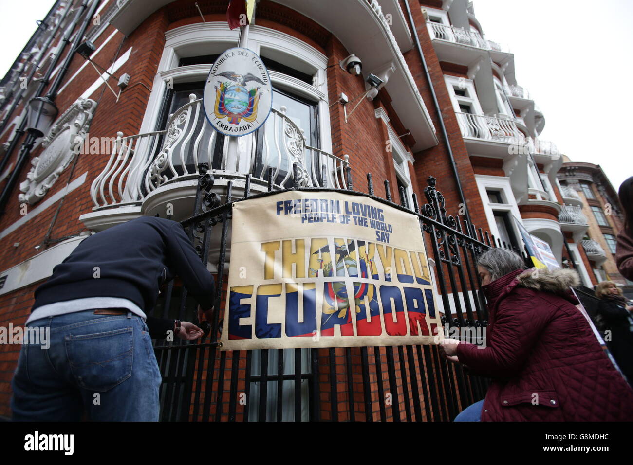 A protestor outside the Ecuadorian Embassy in London where WikiLeaks ...