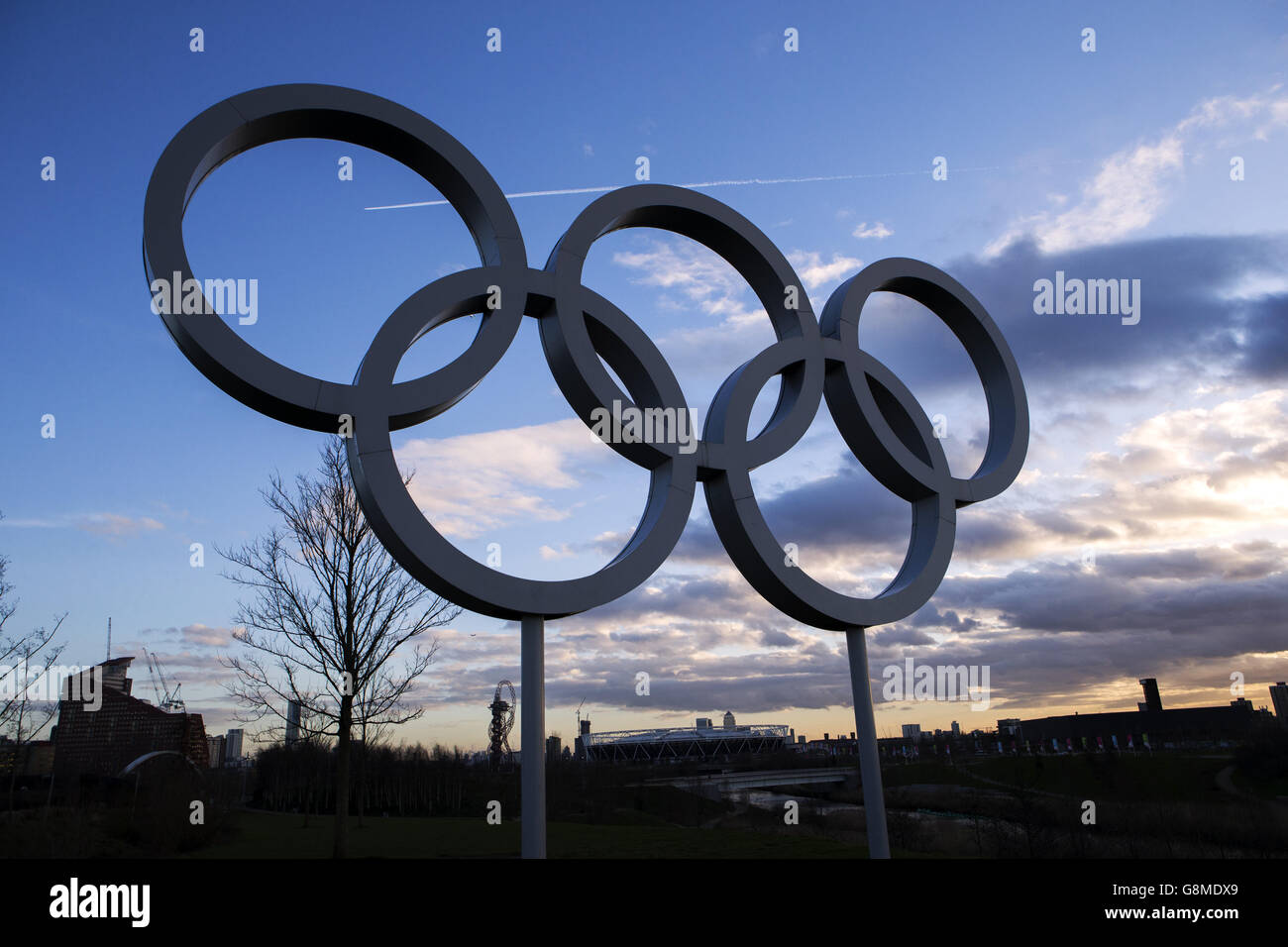 Olympic rings at the Olympic Park in Stratford, London Stock Photo - Alamy