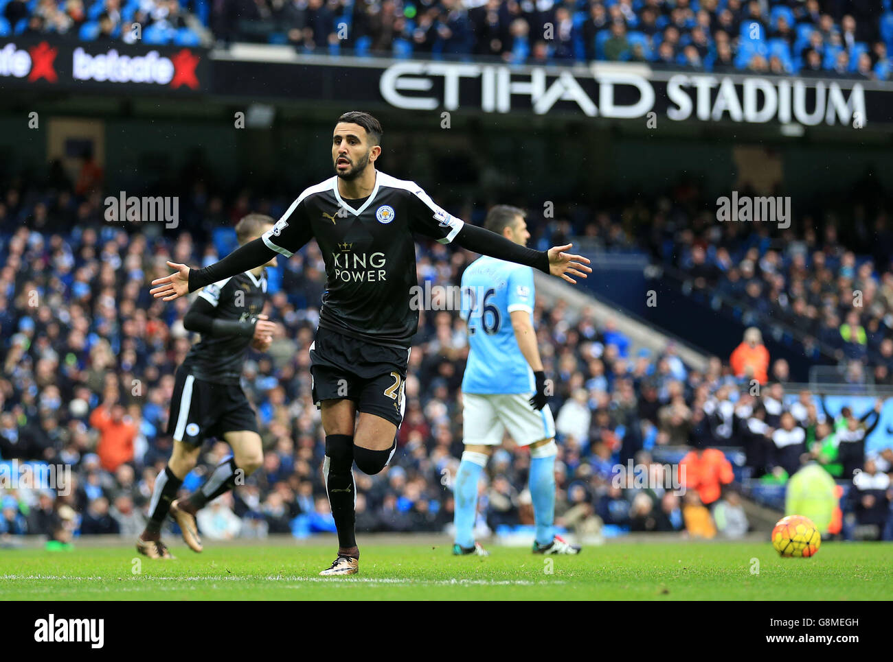 Leicester City's Riyad Mahrez celebrates scoring his side's second goal ...