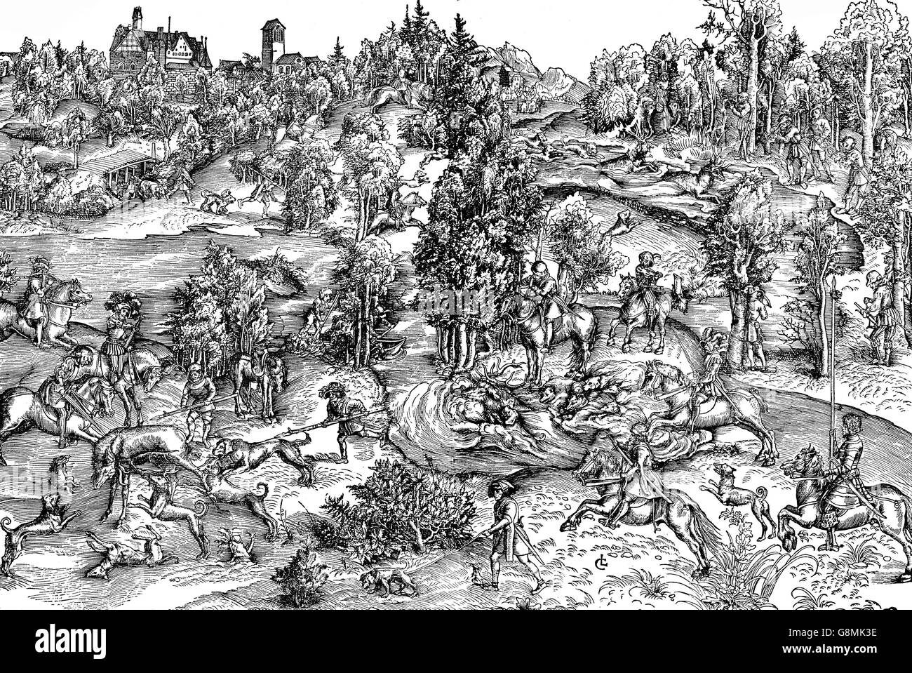 Vintage engraving, medieval deer hunt with spears and dogs Stock Photo ...